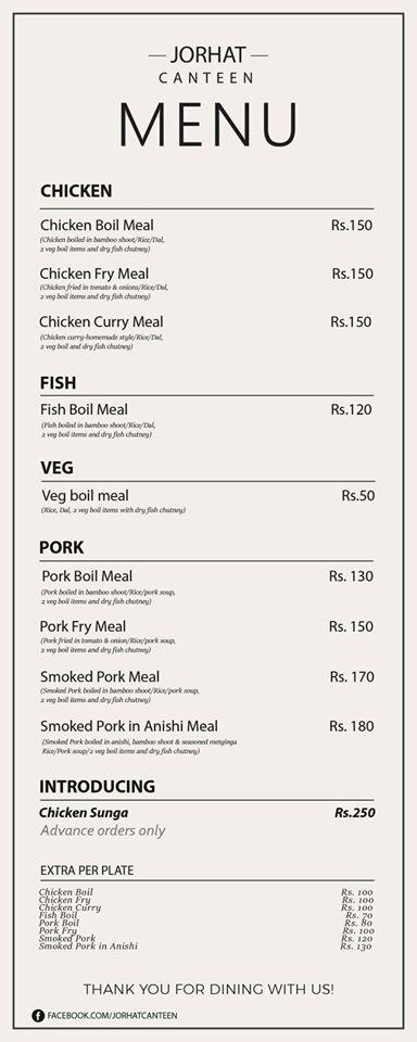 Menu at Jorhat Canteen, Jorhat