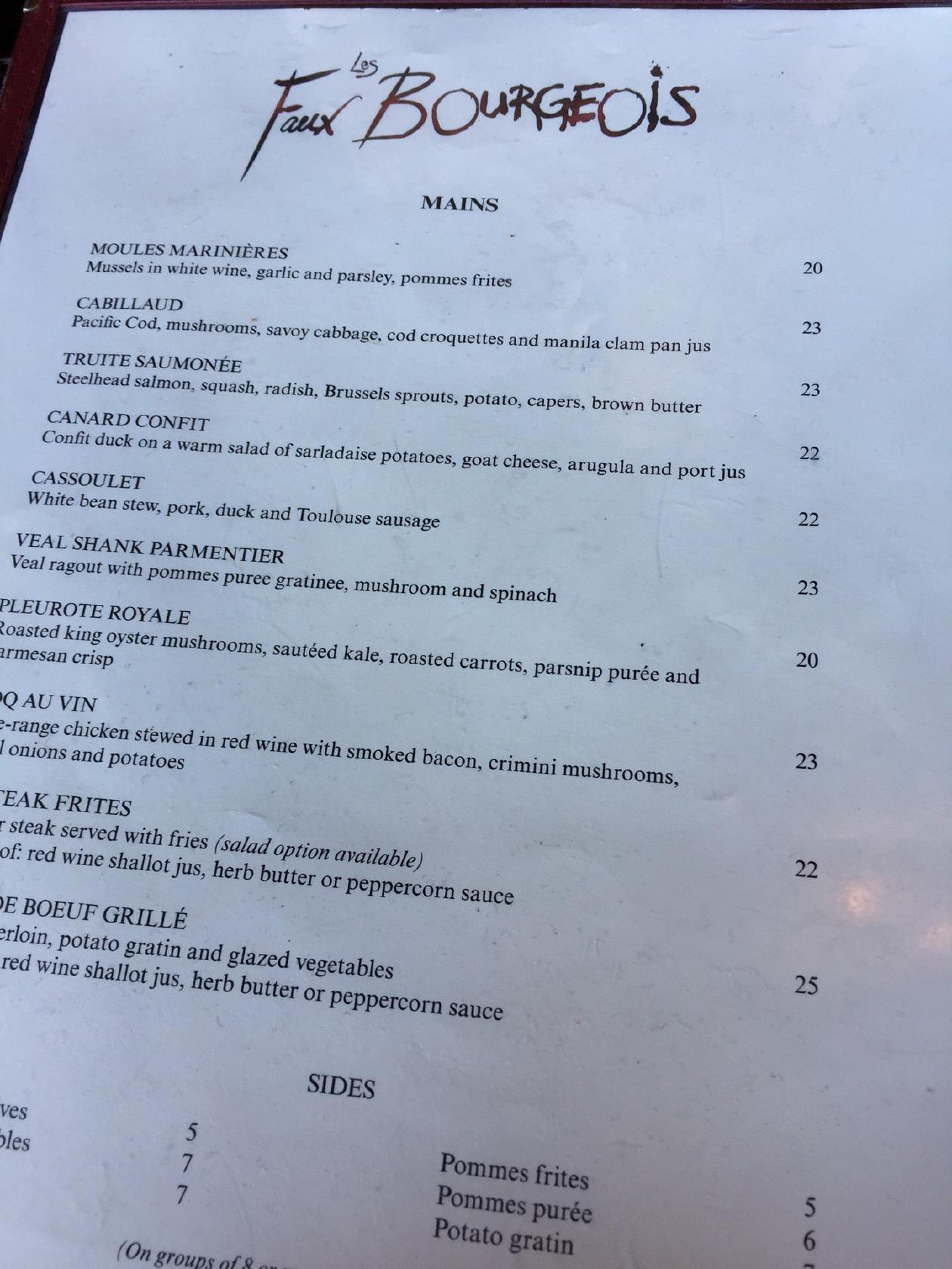 Menu at Les Faux Bourgeois cafe, Vancouver