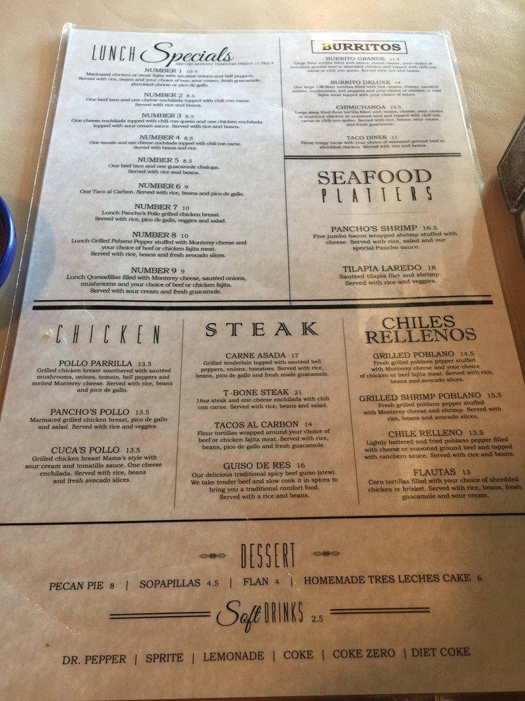 Menu at Mama Cuca's Mexican Cuisine restaurant, Mansfield
