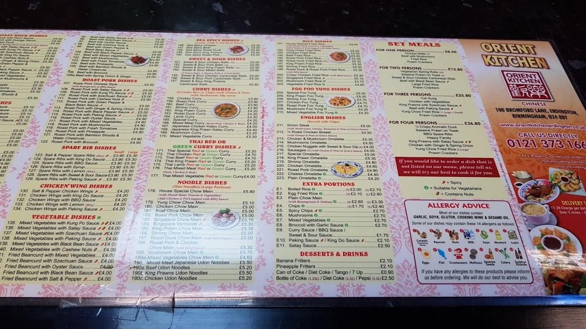 Carta del restaurante Orient Kitchen, Birmingham
