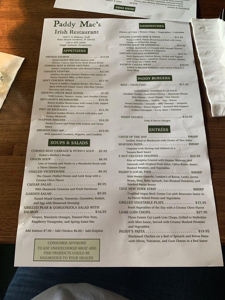Menu at Paddy Mac's Restaurant, Palm Beach Gardens