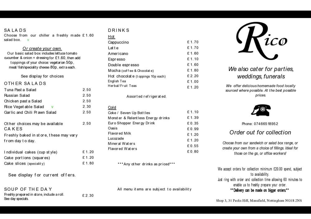 Menu at Rico Sandwich Bar & Coffee Shop, Mansfield