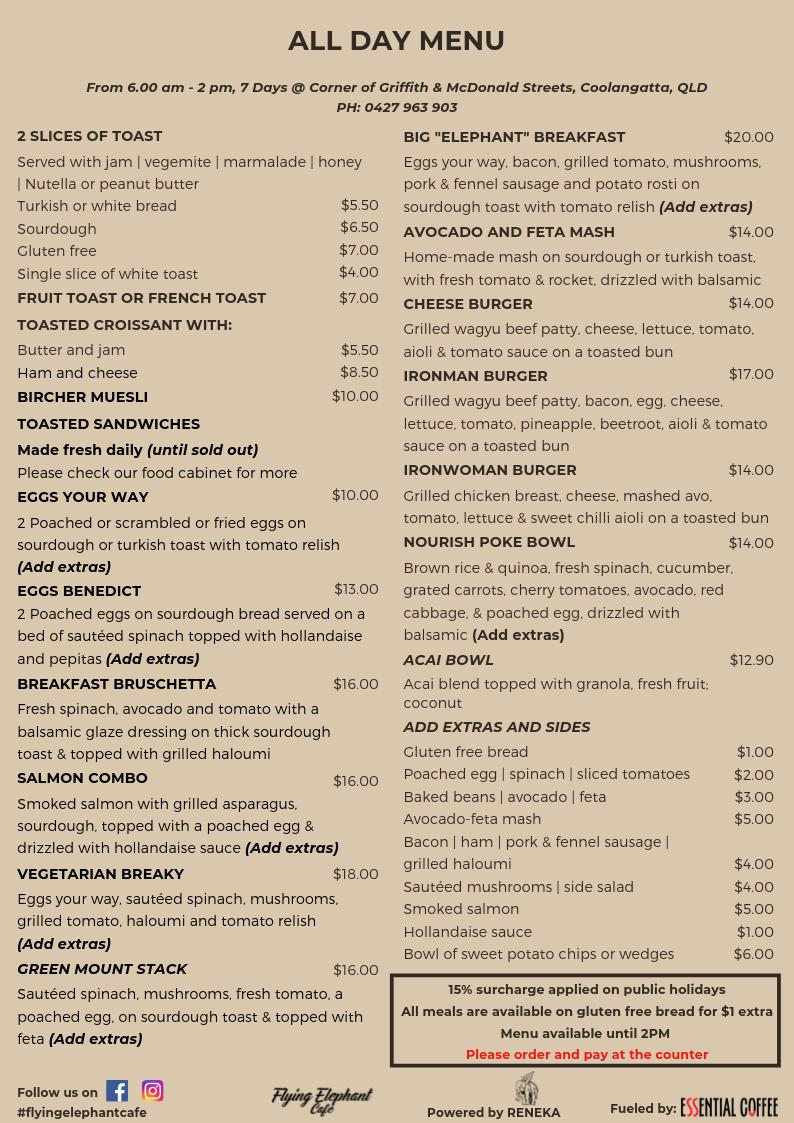 Menu at The Flying Elephant Cafe, Coolangatta