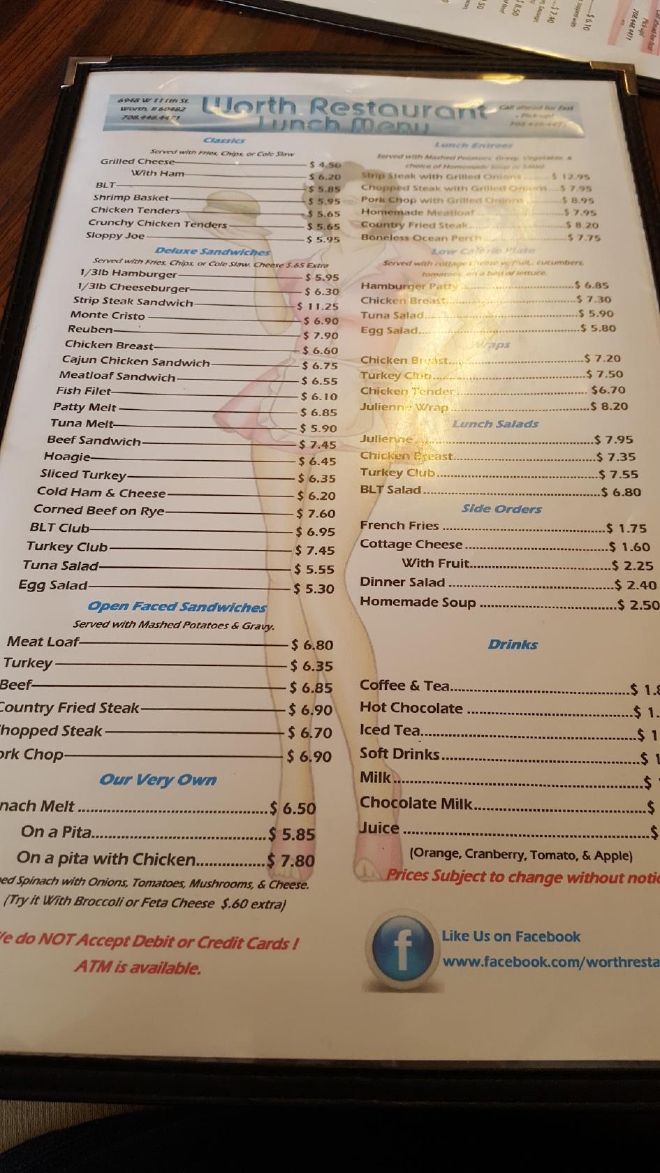 Menu at Worth Snack Shop restaurant, Worth