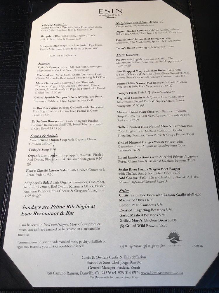 Menu at Esin Restaurant & Bar, Danville