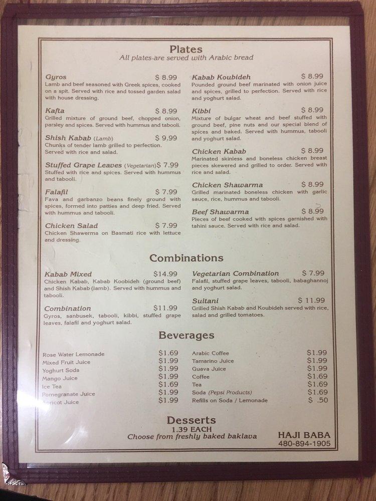 Menu at Haji-Baba restaurant, Tempe