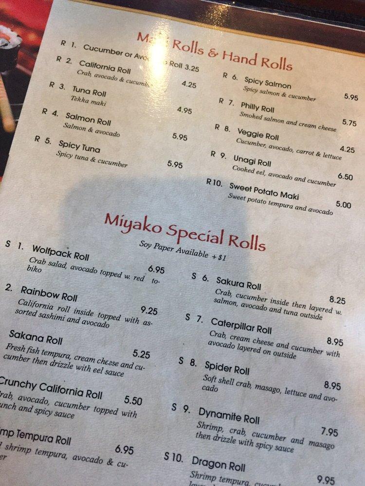 Menu at Miyako Japanese Cuisine restaurant, Laurinburg