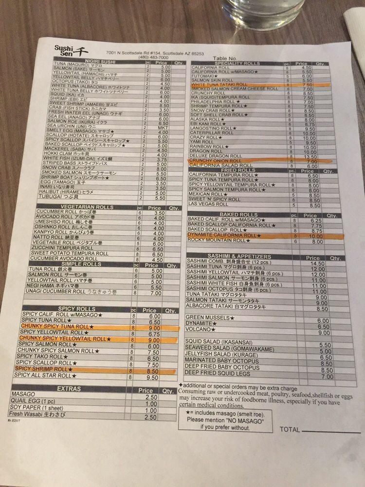 Menu at Sushi Sen Scottsdale restaurant, Scottsdale