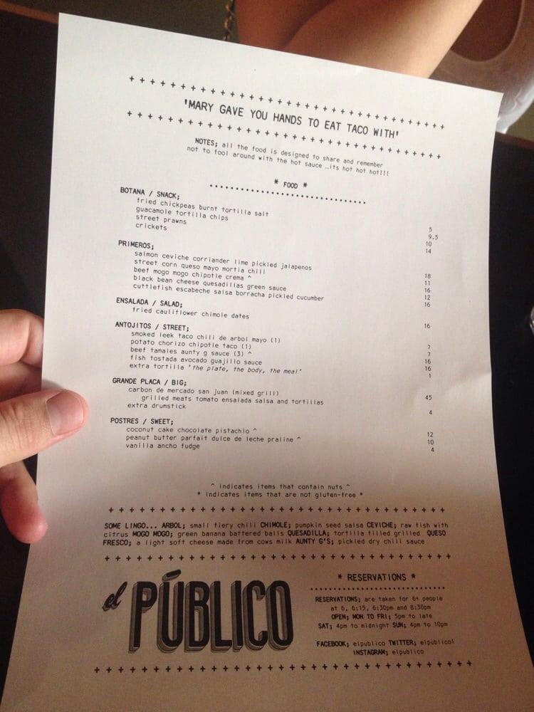 Menu at el Publico, Highgate