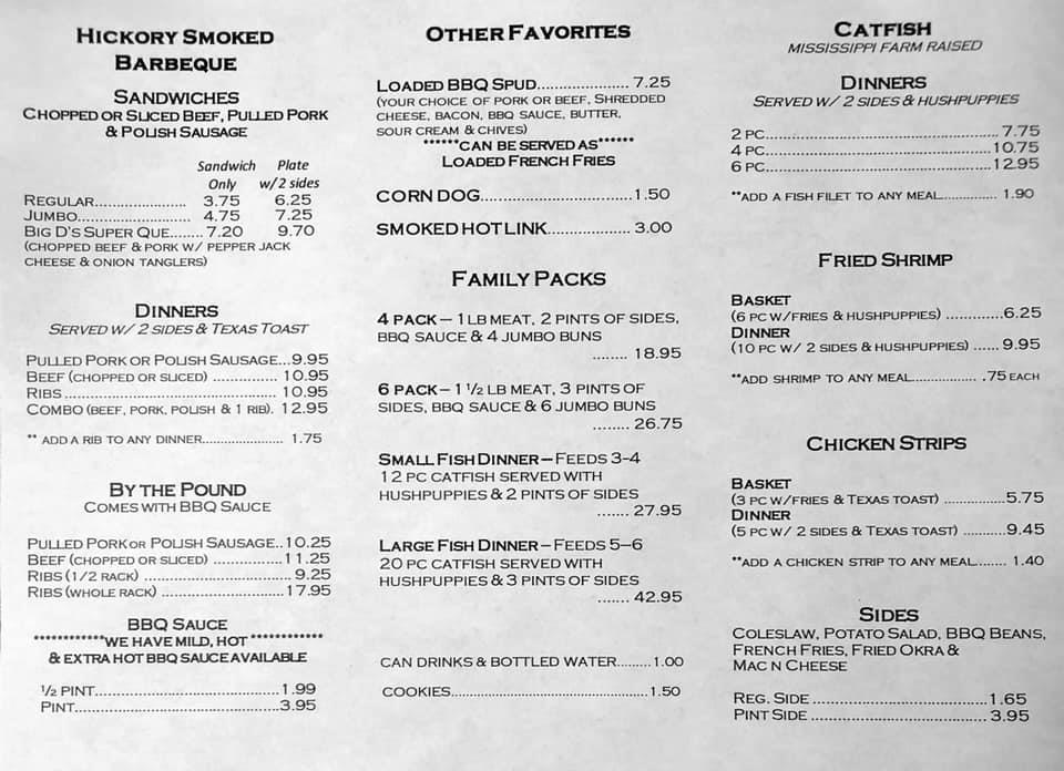 Menu at Big D's BBQ & Catfish, Russellville