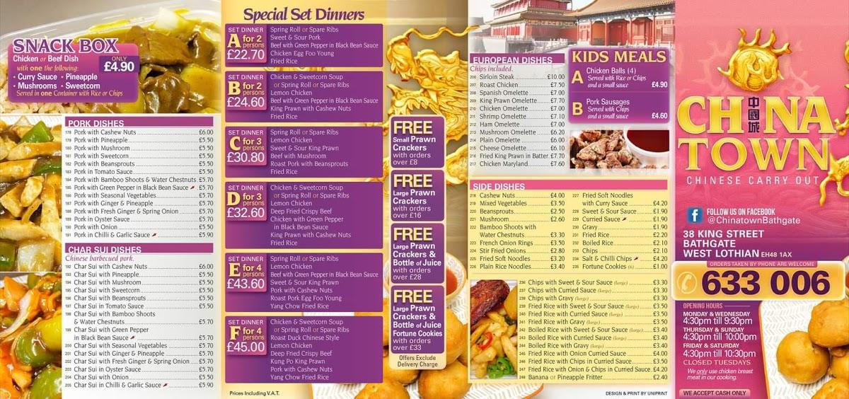 Menu at China Town fast food, Bathgate, 38 King St