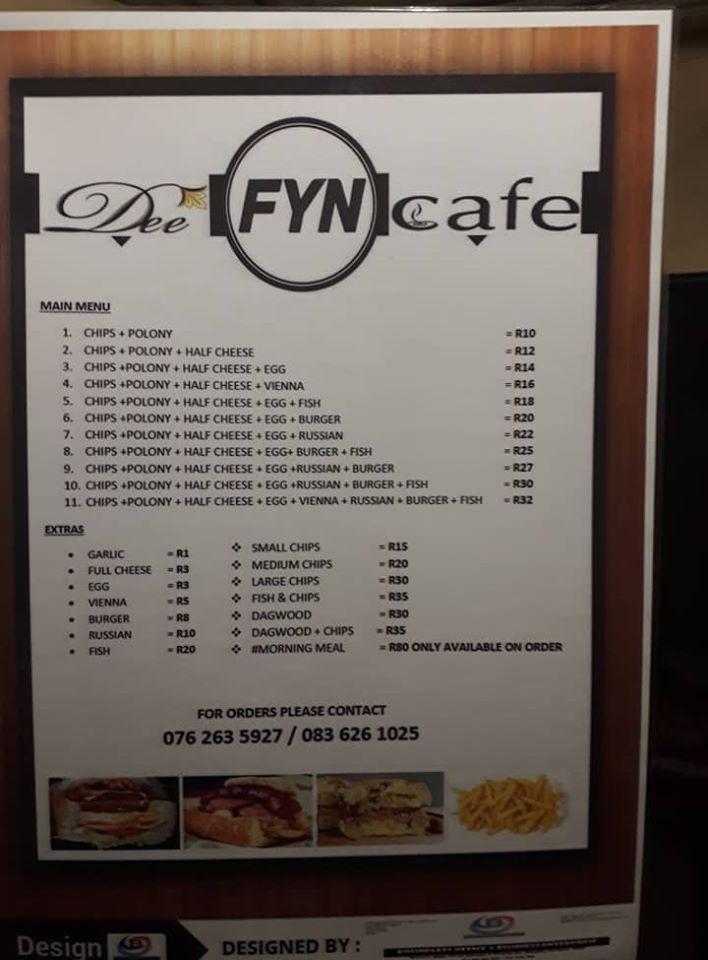 Menu at Dee Fyn Cafe, Pretoria