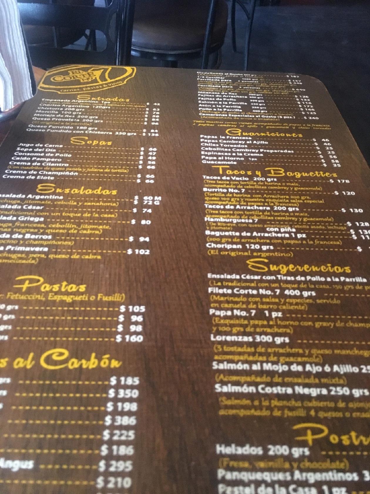 Carta del restaurante EL CORTE NO.7, Ciudad del México, Tonalá 184