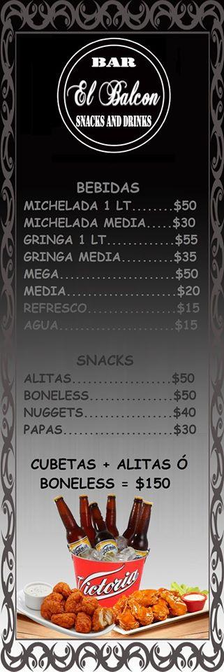 Menu at El Balcon Snacks and drinks pub & bar, Aguascalientes