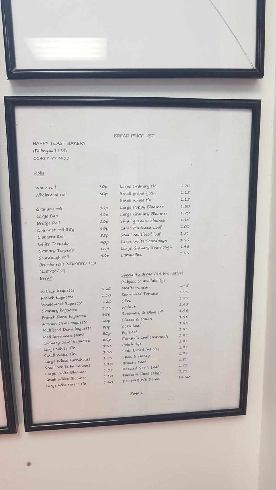 Menu at Happy Toast Bakery, Southampton