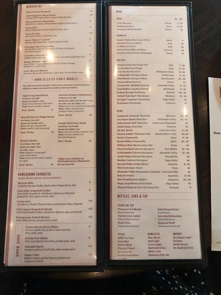 Menu at Jack Allen's Kitchen restaurant, Round Rock, Hoppe Trail