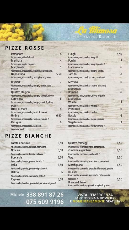 Menu da La Mimosa - Pizzeria Ristorante, Perugia, Viale Dei Vigneti 8/A