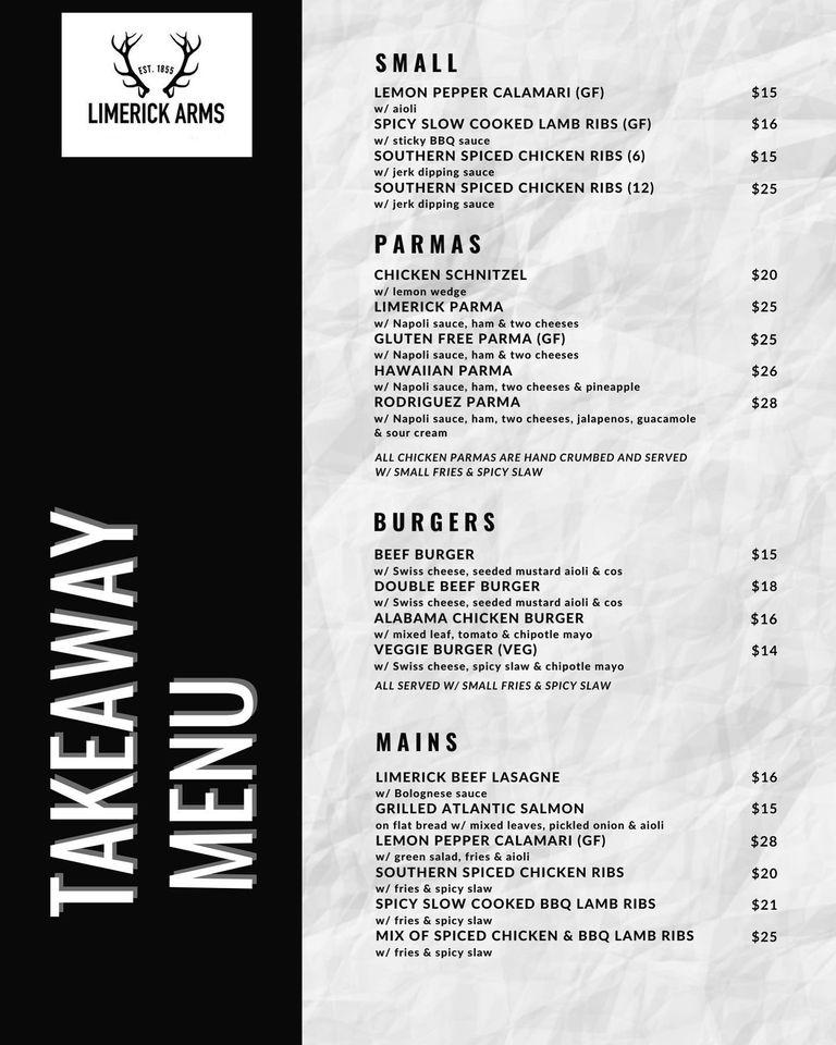 Menu at Limerick Arms Hotel restaurant, South Melbourne