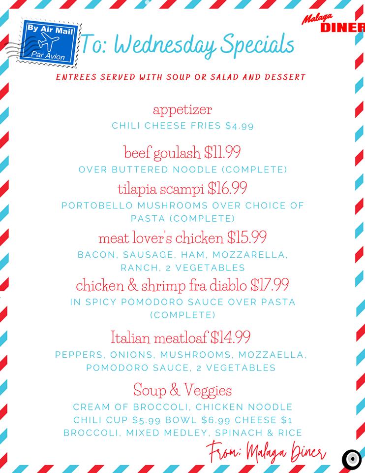 Menu at Malaga Diner restaurant, Franklin