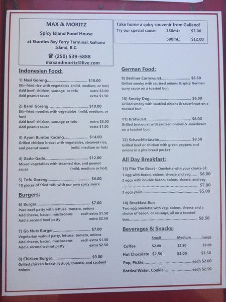 Menu at Max & Moritz restaurant, Galiano Island