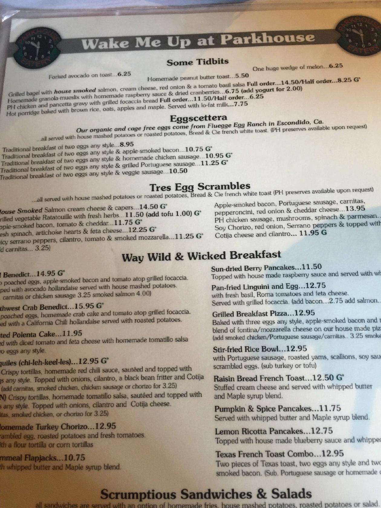 Menu at Parkhouse Eatery pub & bar, San Diego