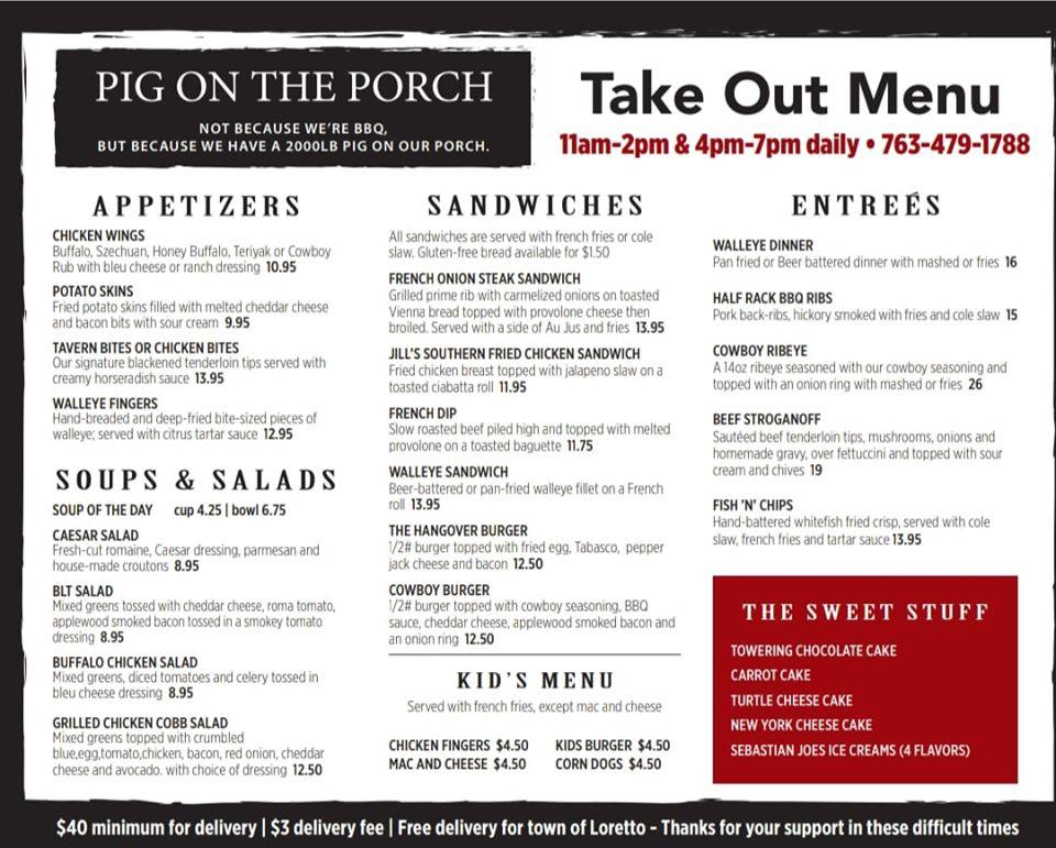 Menu at Pig On The Porch steakhouse, Loretto