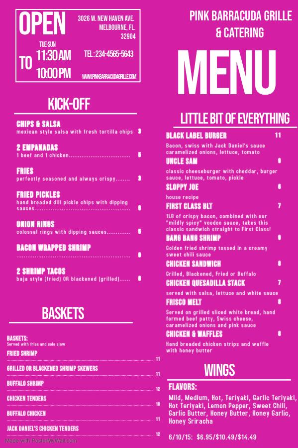 Menu at Pink Barracuda Grille, West Melbourne