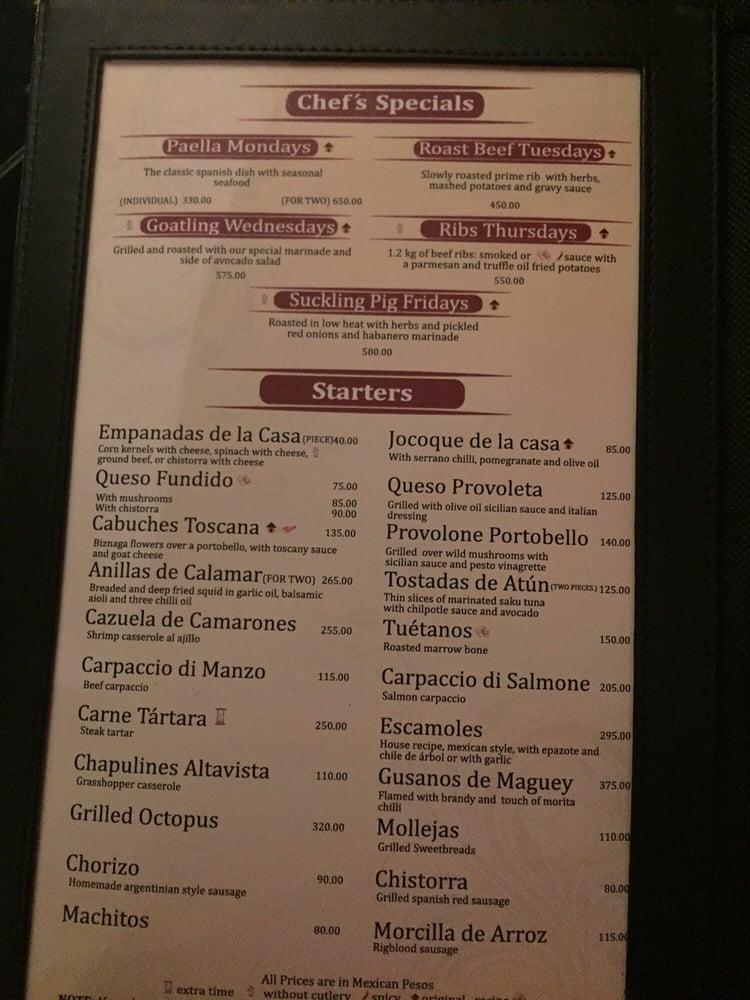 Menu at Rincón del Bife restaurant, Cuernavaca