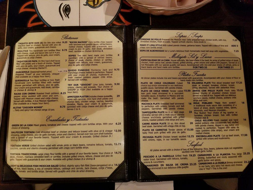 Menu at Sol Y Luna pub & bar, Los Angeles, Ventura Blvd
