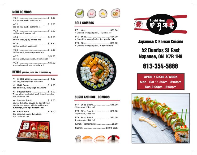 Menu at Sushi Nori restaurant, Napanee