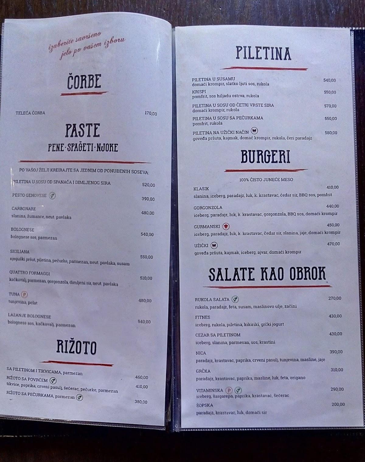 Menu at Vagon Restoran restaurant, Užice