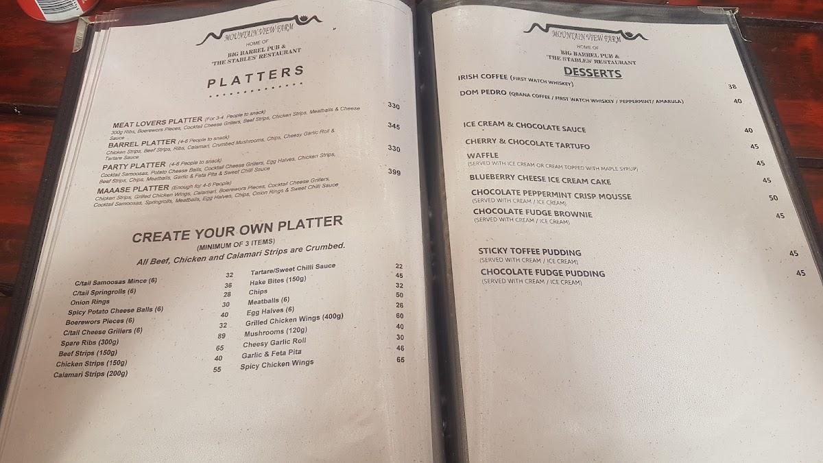 Menu at Big Barrel Pub and Stables Restaurant, Cape Town