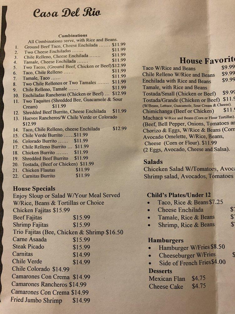 Menu at Casa Del Rio restaurant, Ventura