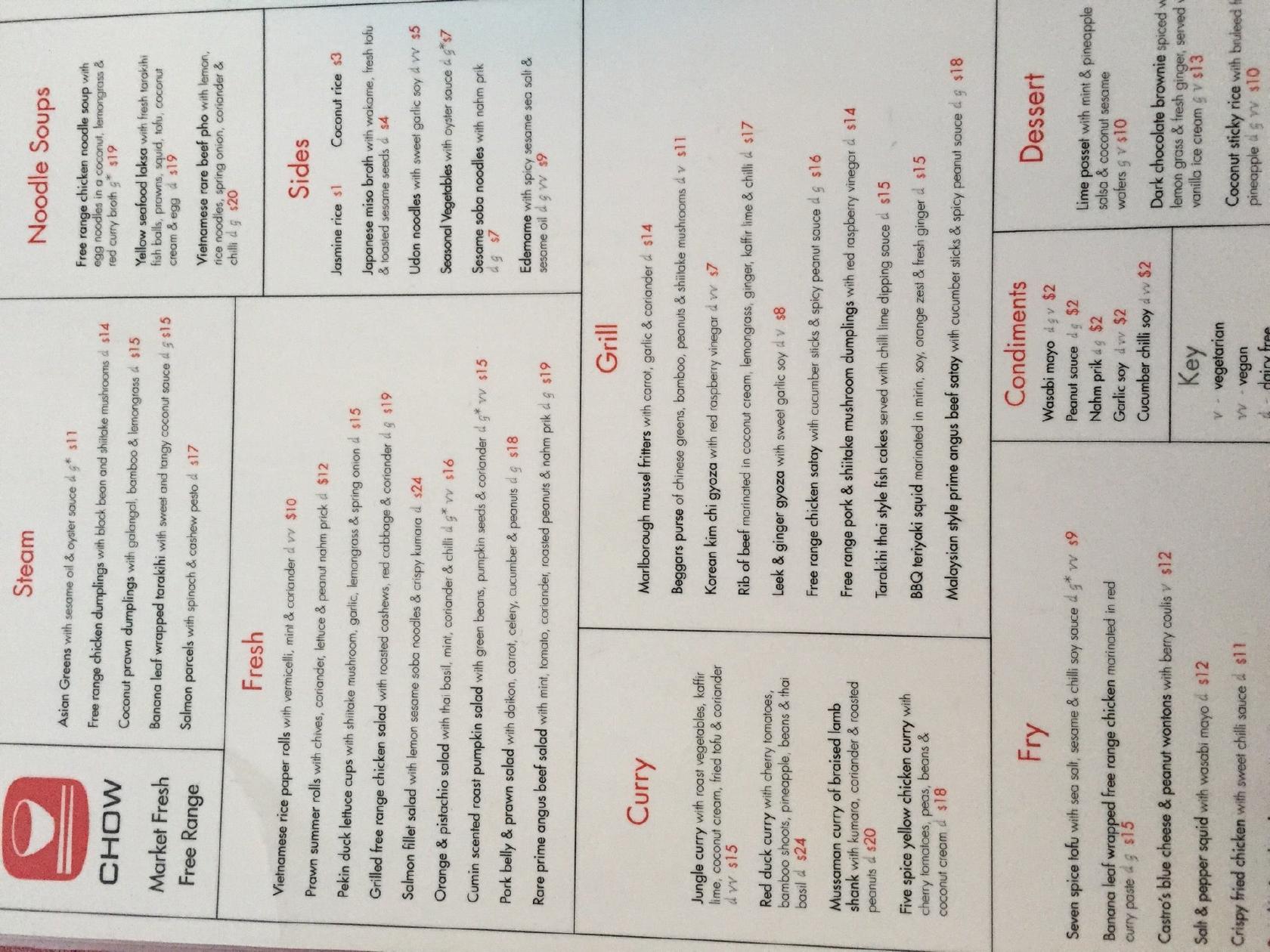 Menu at Chow Tory restaurant, Wellington, 45 Tory St