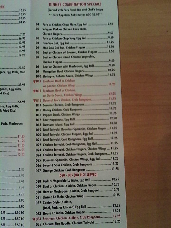 Menu at Pak Lee restaurant, Skowhegan