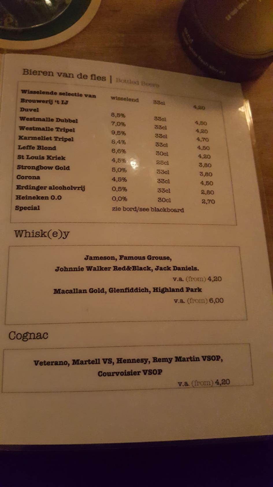Menu at Cafe Stevens, Amsterdam