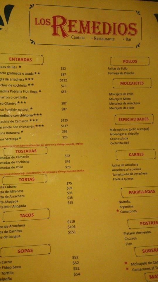 Carta del pub y bar Cantina Los Remedios, Guadalajara