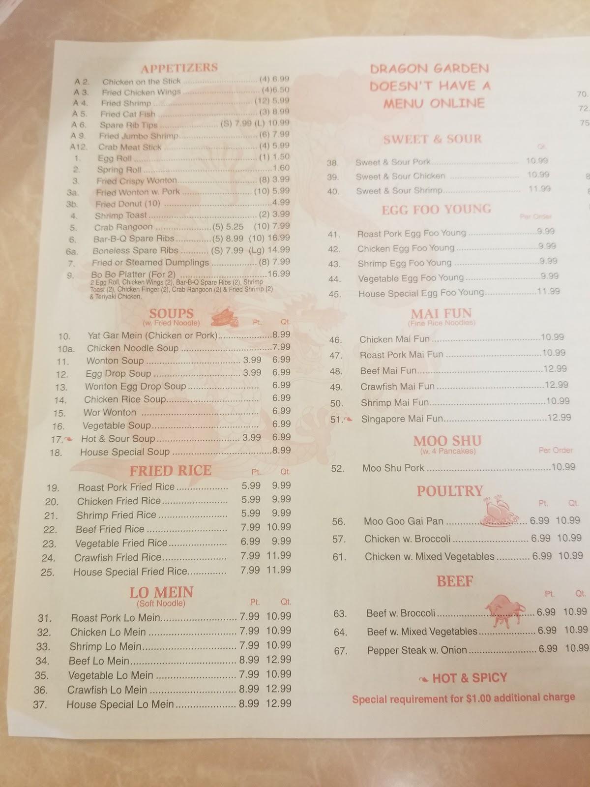 Menu at Dragon Garden Restaurant, LaPlace