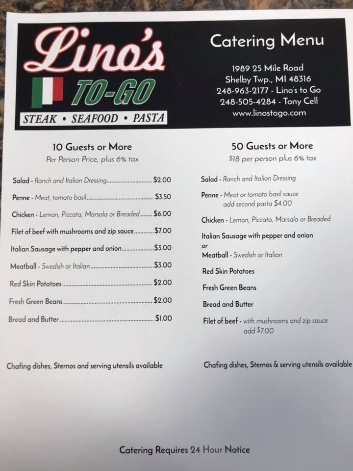 Menu at Lino's North steakhouse, Oakland charter Township