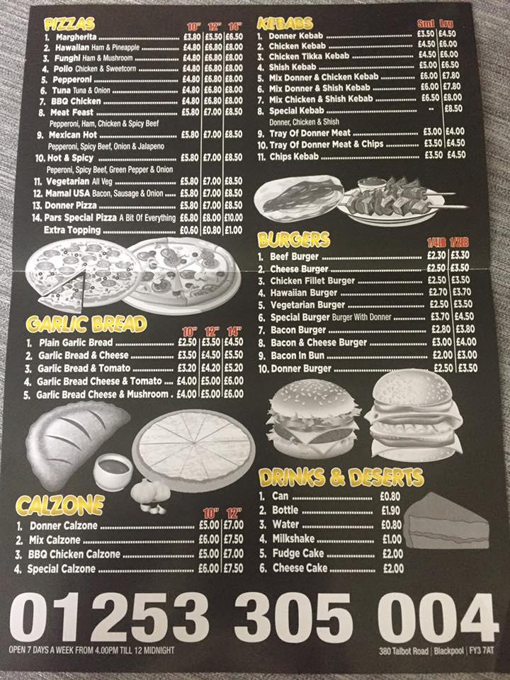 Menu at Pars Takeaway pizzeria, Blackpool