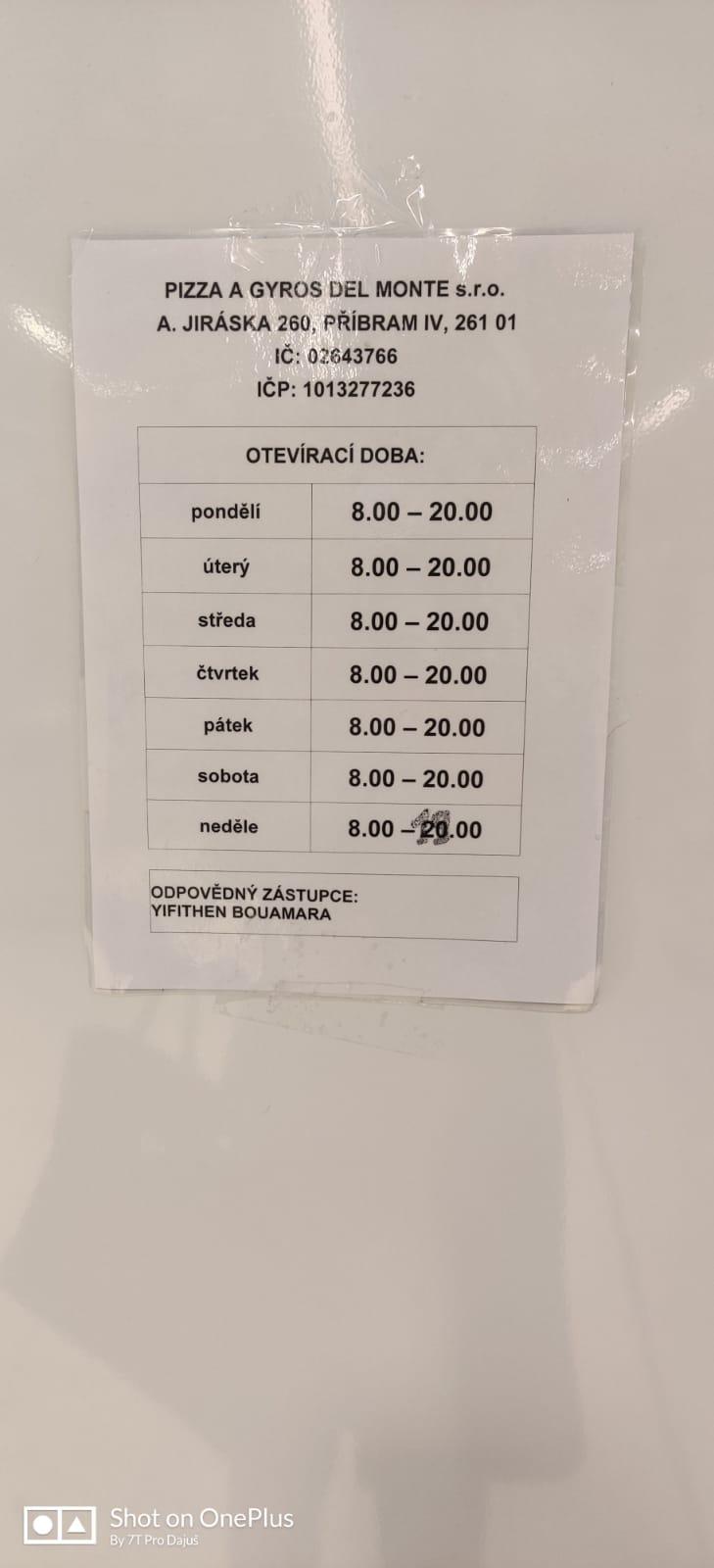 Menu at Pizza Del Monte restaurant, Znojmo
