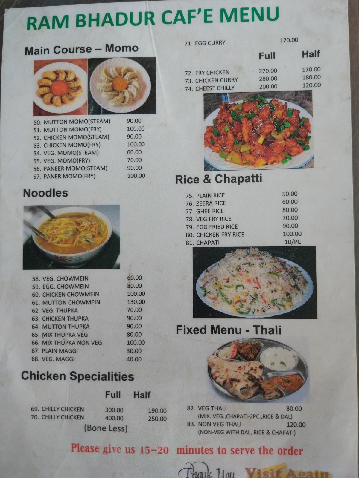 Menu at Ram Bahadur Cafe, Chaugan