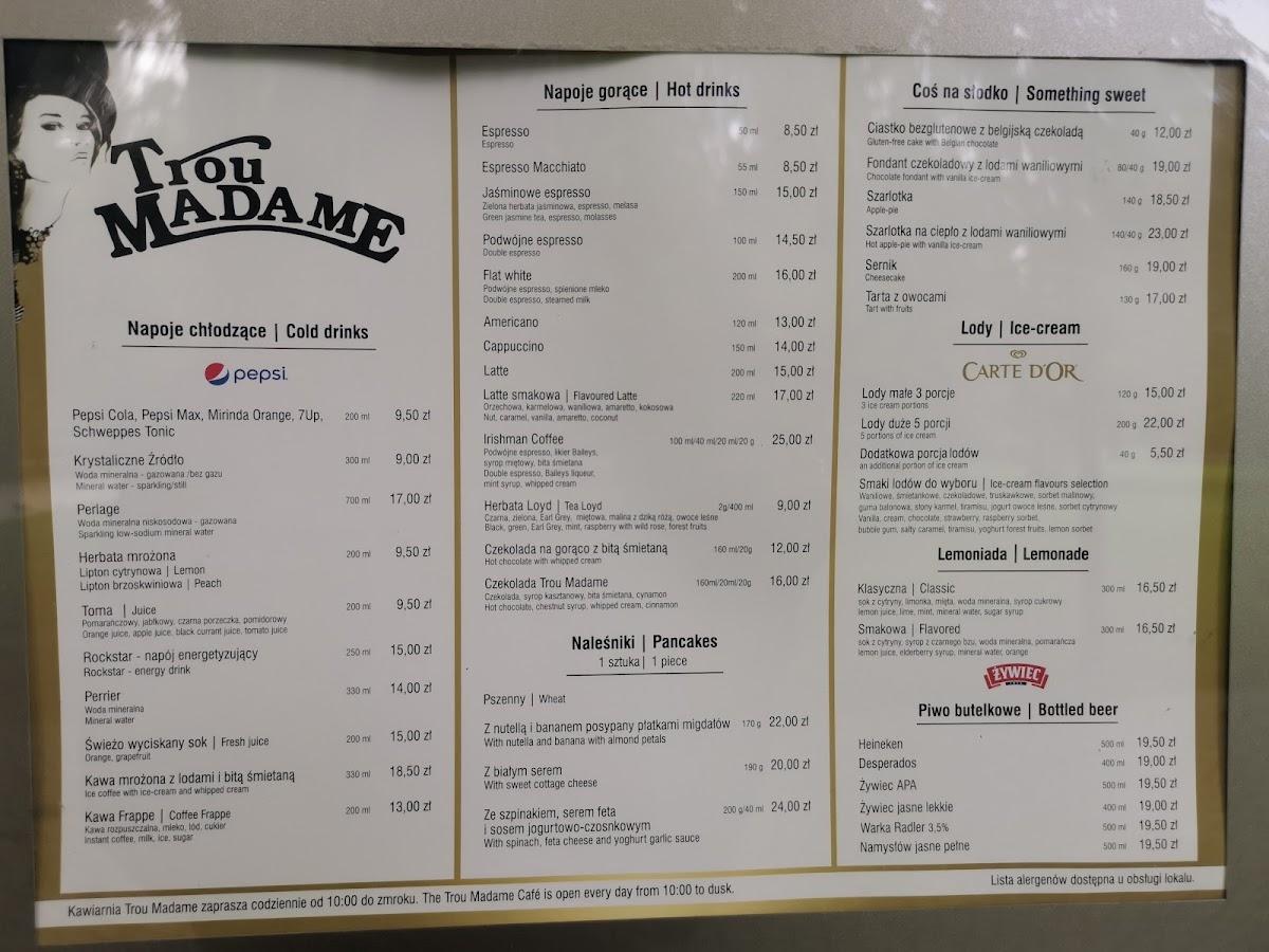 Menu at Trou Madame cafe, Warsaw, Agrykola 1