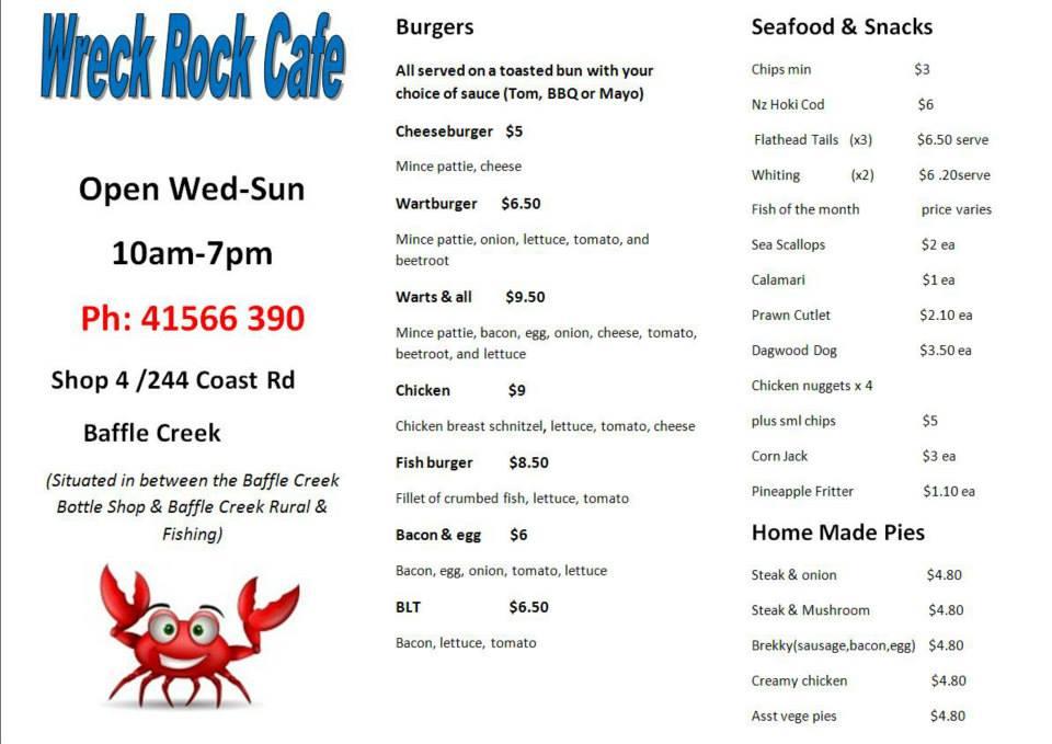 Menu at Wreck Rock Cafe, Baffle Creek, Coast Rd