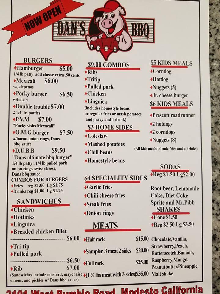 Menu at Dan’s BBQ, Modesto