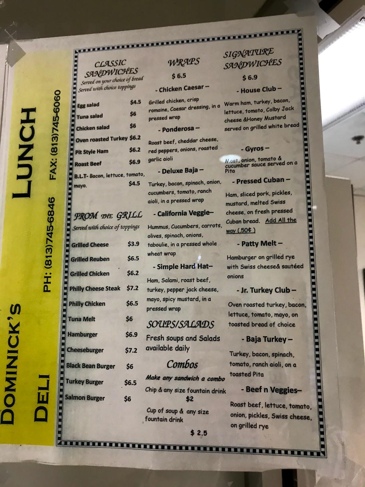 Menu at Dominick's Deli, Tampa, USF Magnolia Drive