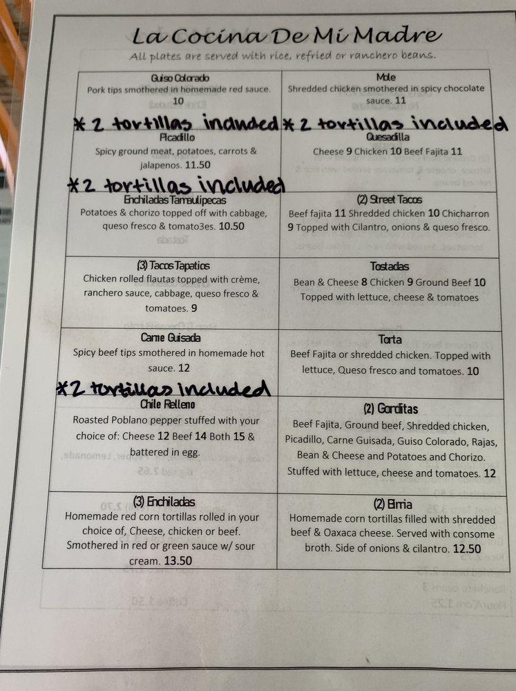 Menu at La Cocina de mi Madre restaurant, Abilene