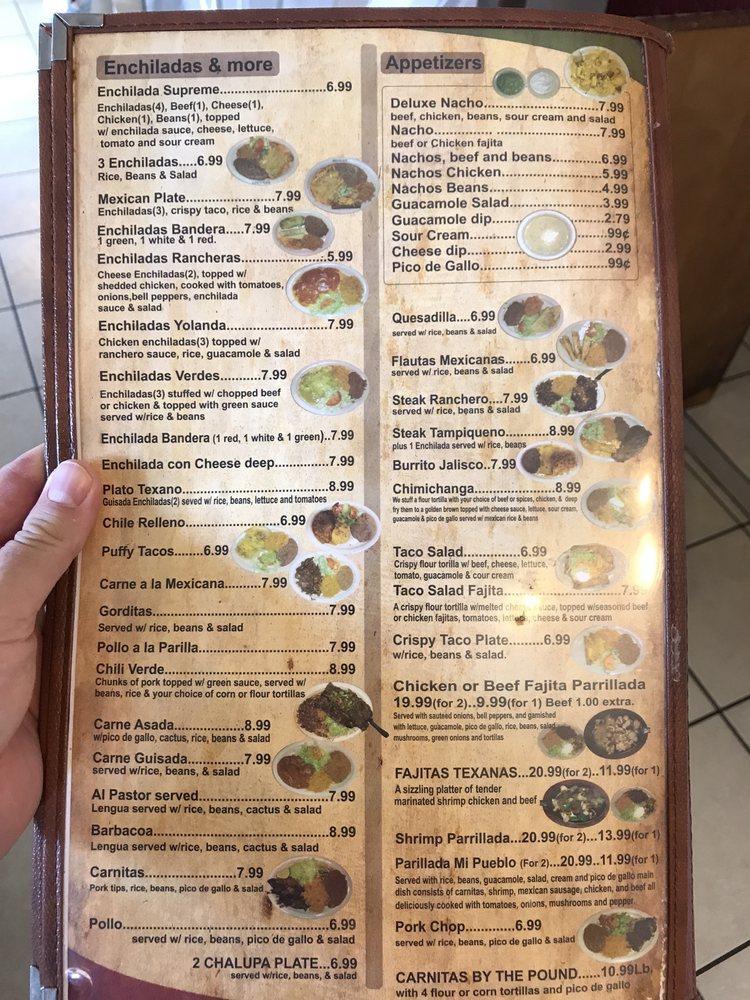 Menu at Mi Pueblo restaurant, Bandera