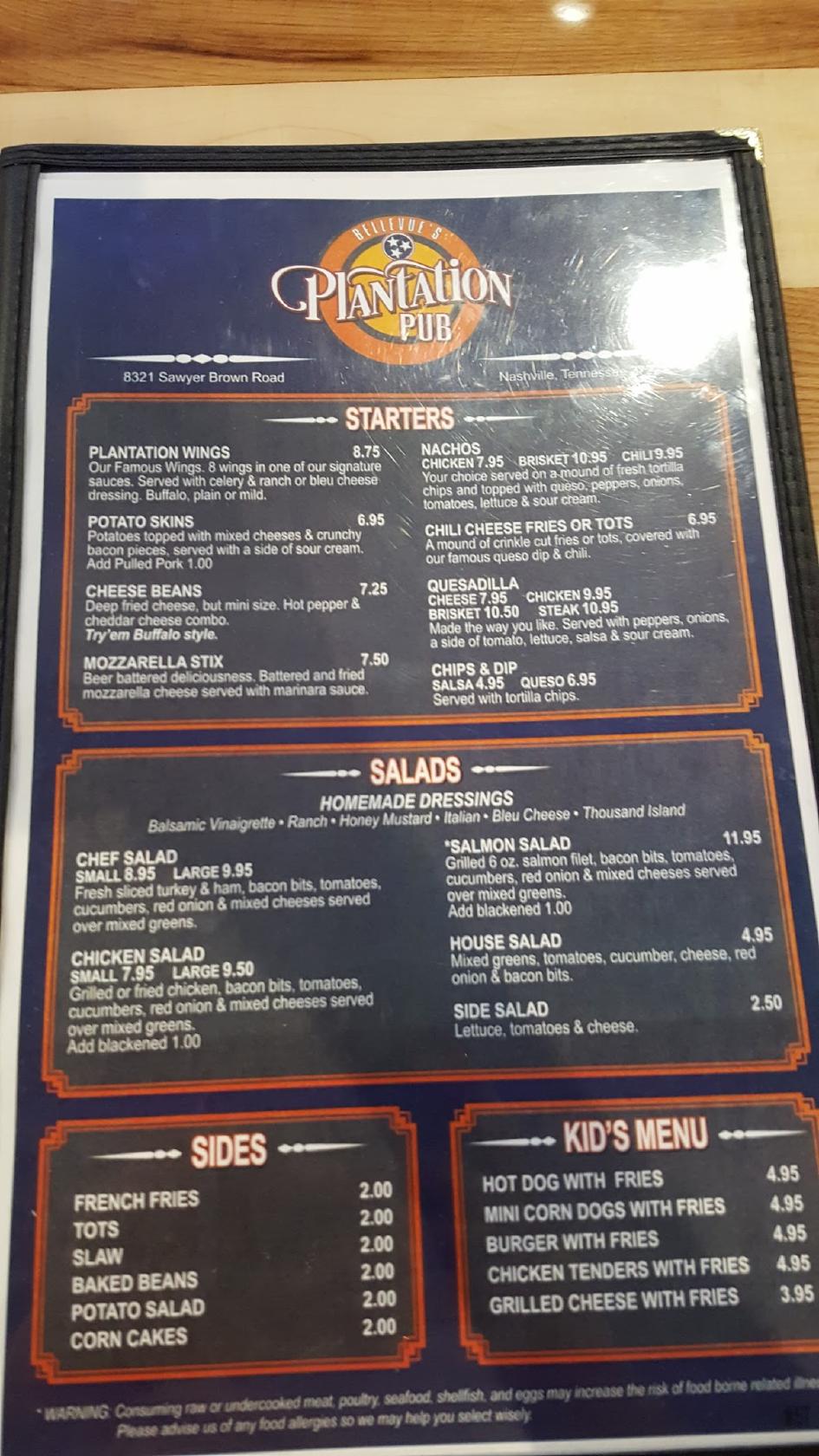 Menu at Plantation Pub, Nashville