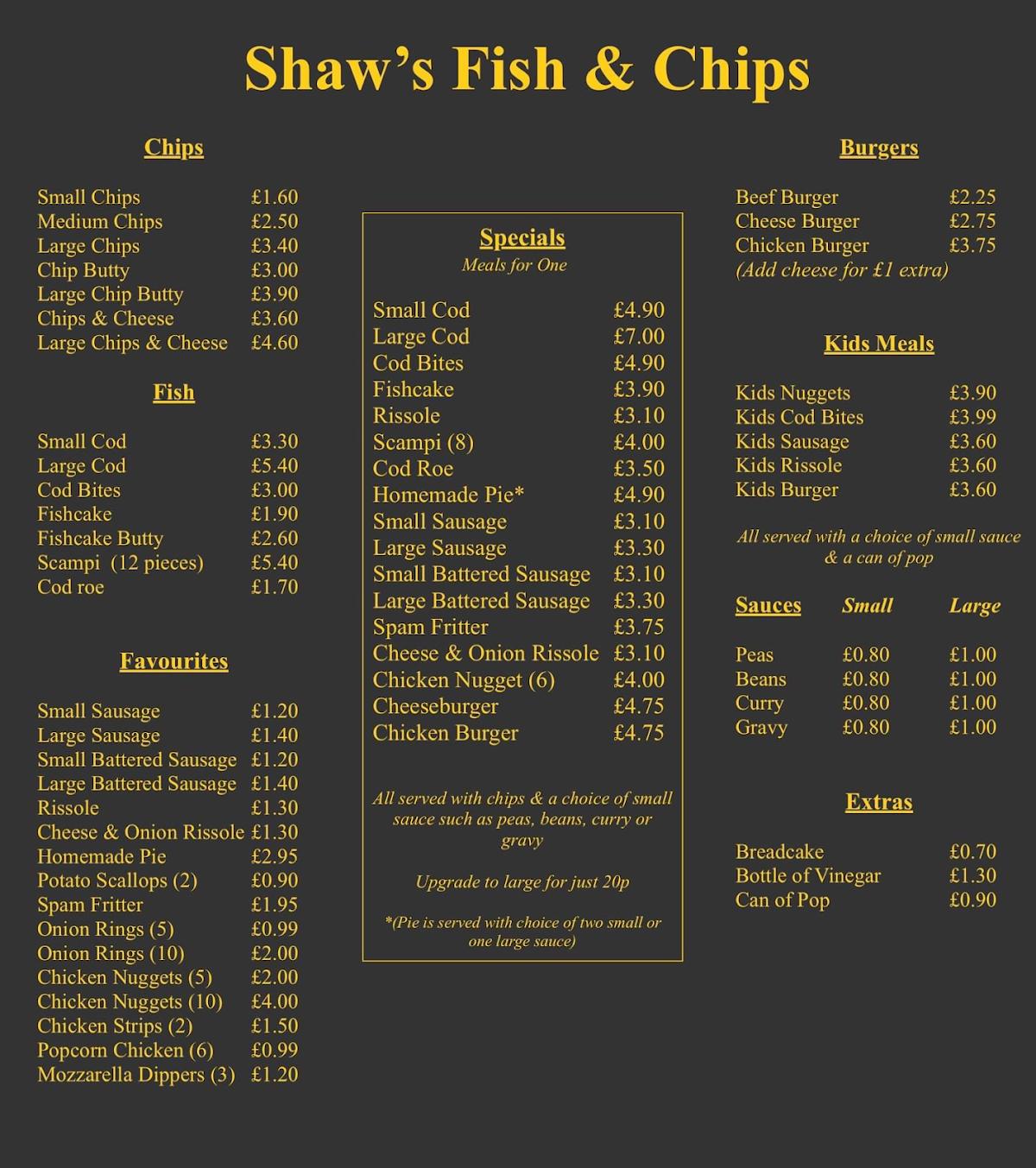Menu at Shaw’s Fish & Chips restaurant, Sheffield